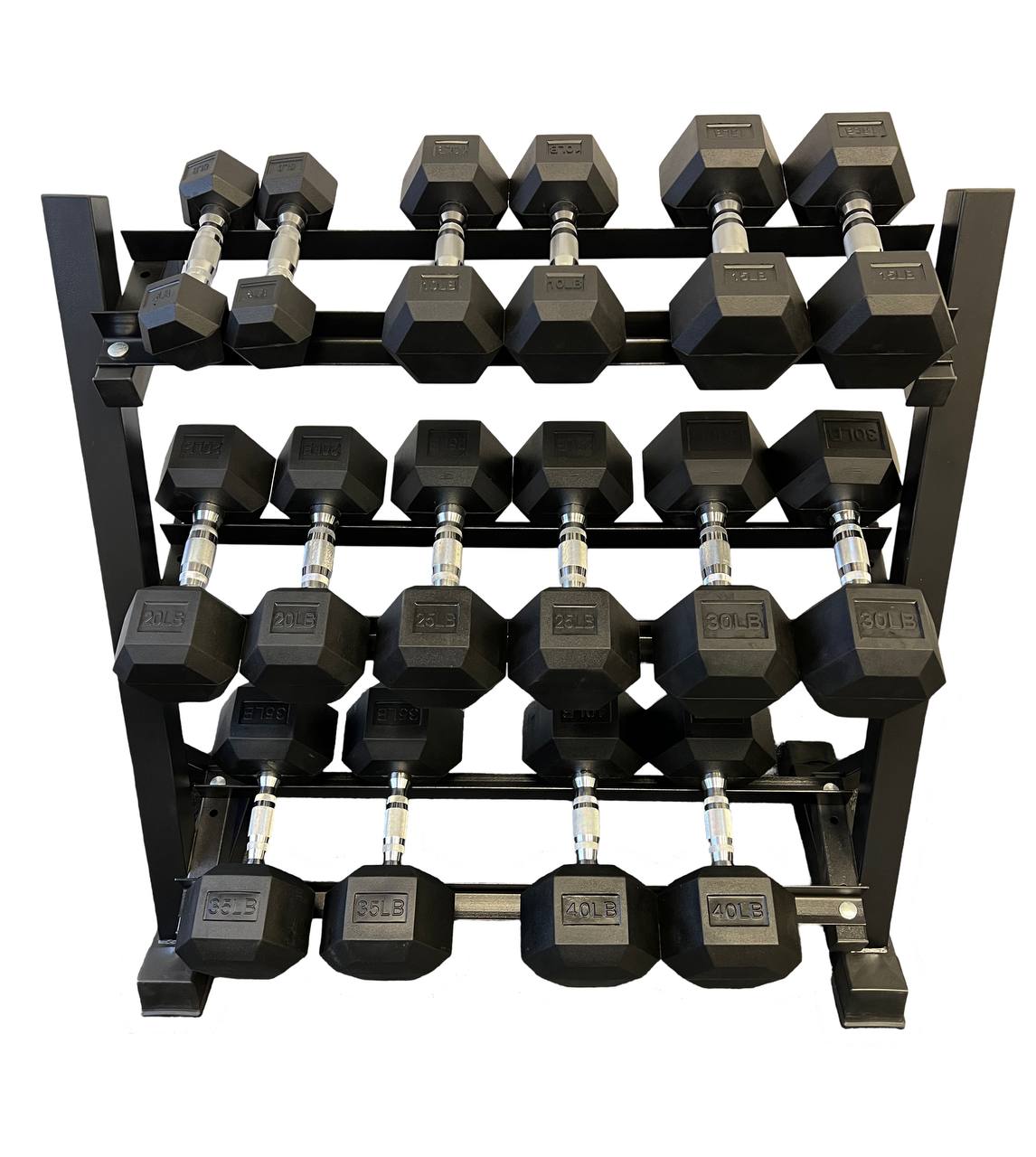 5-40 Rubber hex dumbbells and 3 tier rack | Golden Fitness